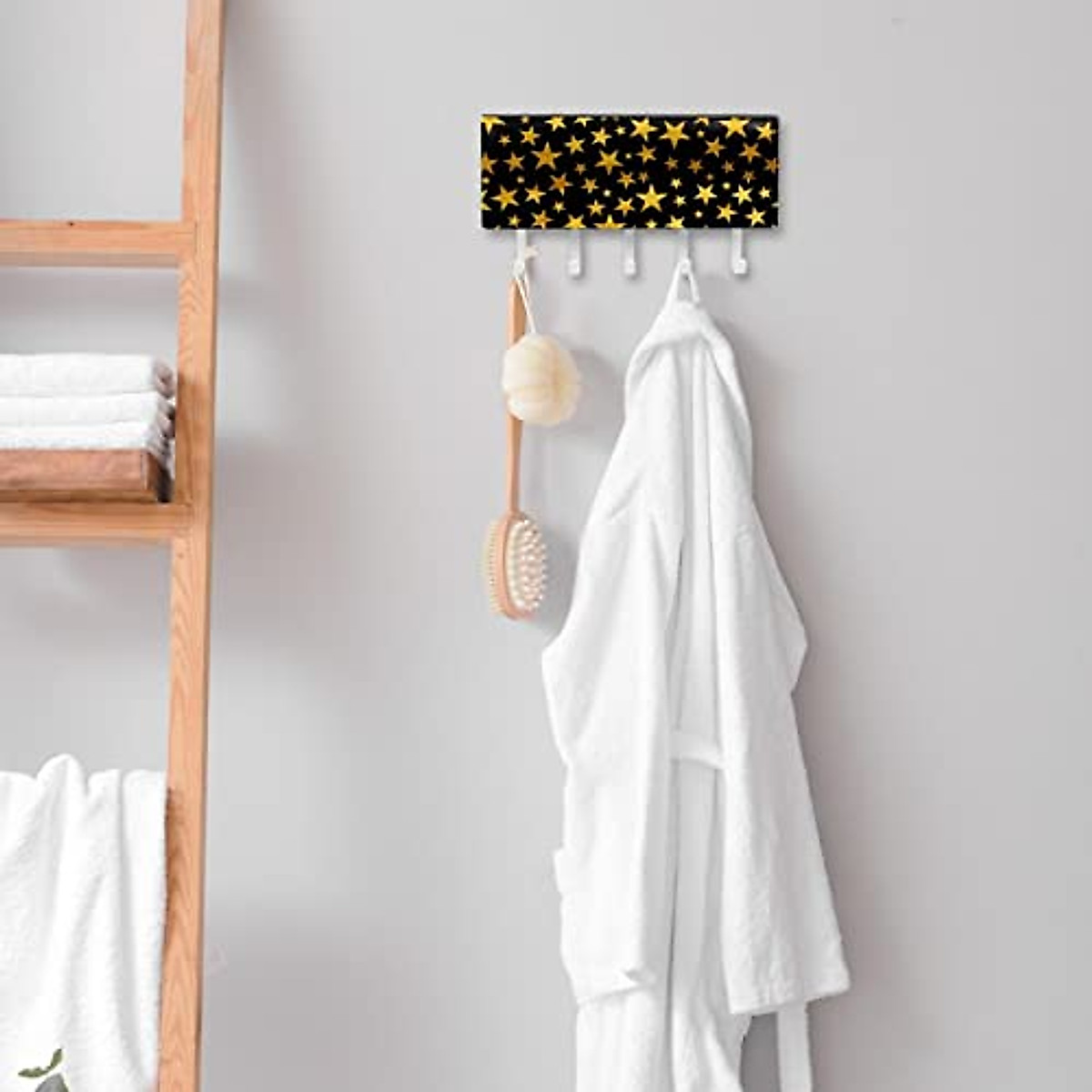 Leather Hook Rack Rail Wall Mounted, Black Background with Golden Stars Coat and Hat Self Adhesive Hooks up for Hanging Pant Towel Key Purse Kitchenware