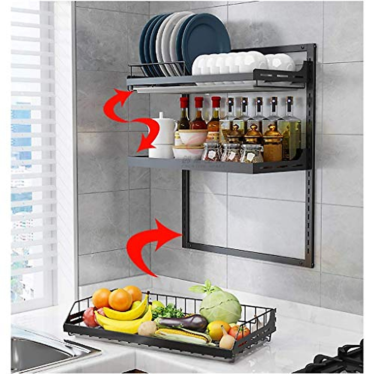 FEHUN Sinks,Wall-Mounted 3-Layer 201 Stainless Steel Dish Rack Drain Rack with Drain Pan,Chopstick Holder,Kitchen Rack