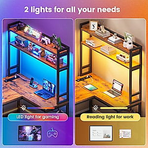SEDETA L Shaped Desk with Hutch, 45.3” Reversible Home Office Desk, L Shaped Gaming Desk with LED Lights, Power Outlet, Storage Shelves and Hooks for Small Space, Rustic Brown