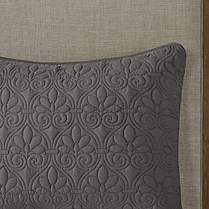 Madison Park Quebec Split Corner Quilted Bedspread Classic Traditional Design All Season, Lightweight, Bedding Set, Matching Shams, Queen(60" x80+24D), Damask Quilted Dark Grey 3 Piece