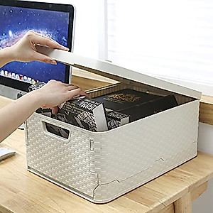 Folding and Stackable Storage Bin with Lid | Organizer Storage Box, 30 Liter, Set of 3, Beige