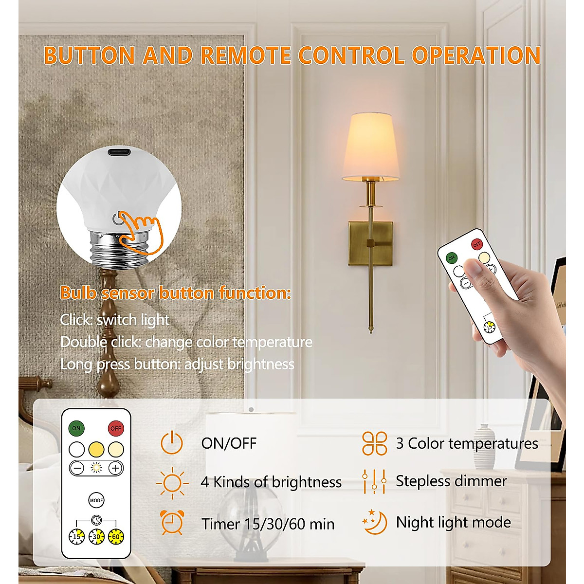USB C Rechargeable Light Bulbs with Remote, 5W LED Dimmable Battery Powered Light Bulb, Touch Control E26 Portable Emergency Light Bulbs with Timer, for Home Power Outages, Non Hardwired, 2 Pack