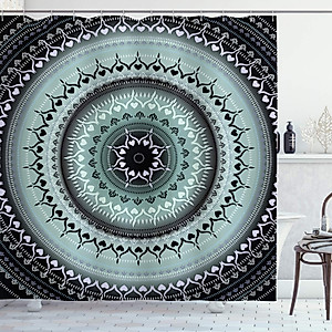 Ambesonne Mandala Shower Curtain, Vintage Yantra with Lines Path of Soul Inner Peace Energy Cosmos Design, Cloth Fabric Bathroom Decor Set with Hooks, 69" W x 75" L, Blue Black