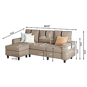 Tornama 80" L Shaped Sectional Sofas, 3 Seater Couch with Reversible Ottoman and Side Storage Pocket, Modern Linen Fabric Small Sectional Couch for Living Room, Apartment, Small Space, Beige
