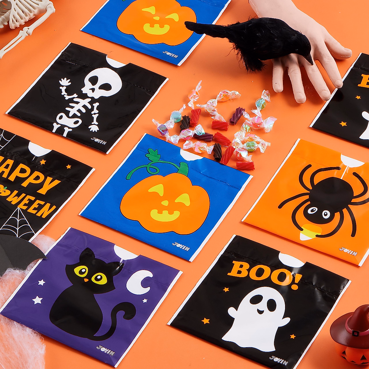 JOYIN 96 Pcs Halloween Drawstring Candy Bags, Small Trick or Treat Bags Bulk, Plastic Goodie Bags for Trick or Treating, Gift Bags for Kids Boys Girls Halloween Party Favors Supplies