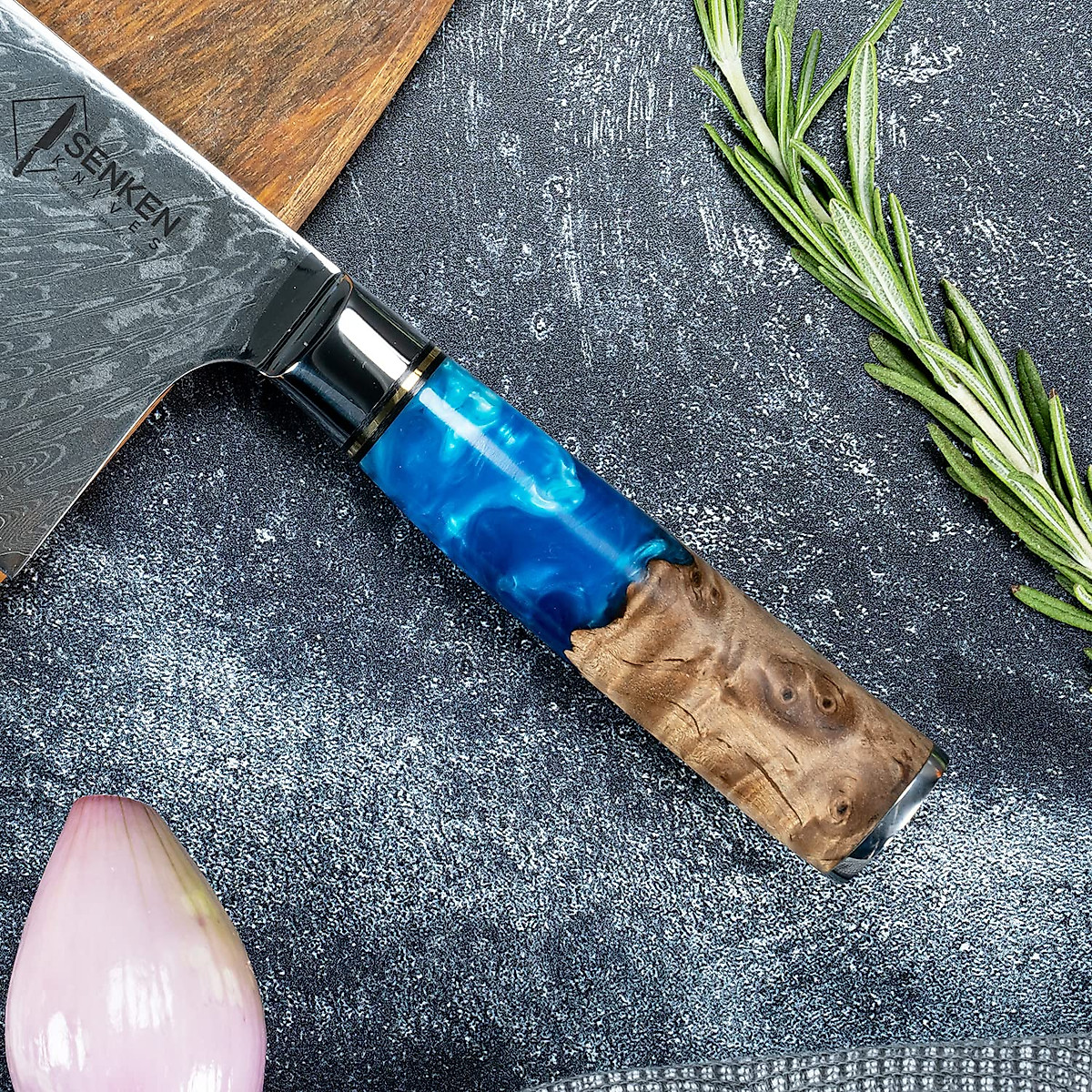 SENKEN Damascus Steel Cleaver Knife - Tsunami Collection - 67-Layer Japanese VG10 Steel - Unique Blue Resin & Natural Wood Handle, Razor Sharp, Beautiful Damascus Wave Pattern (7.5" Cleaver Knife)