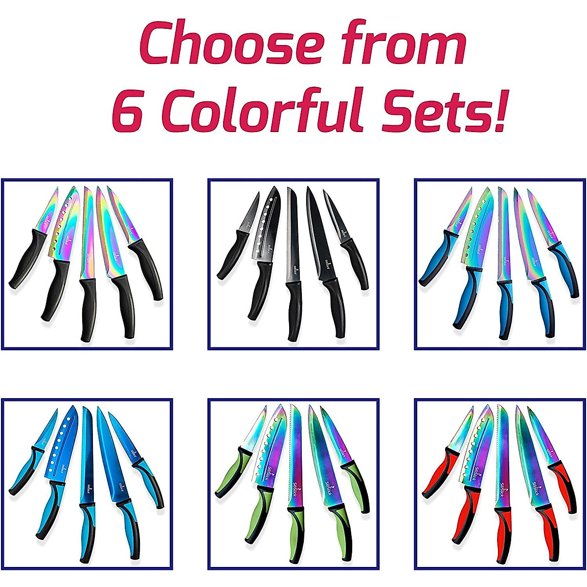 Titanium Coated Rainbow Knife Set – Sharp Stainless Steel Kitchen Knives with Chef, Bread, Santoku, Paring, & Utility Knives, Includes Covers – Iridescent Kitchen Accessories
