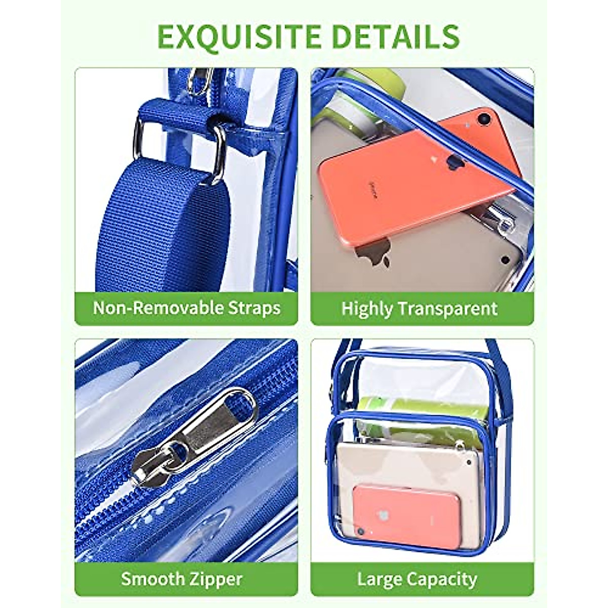 MAY TREE Clear Crossbody Messenger Shoulder Bag Stadium Approved Transparent Purse Suitable for Work Concert Sports (Blue)