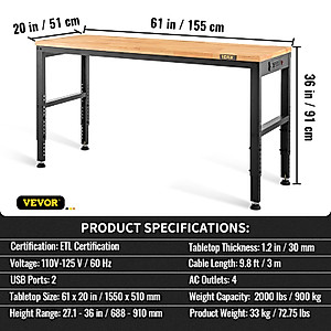 VEVOR 60" Adjustable Workbench, Heavay Duty Workstation 2000 LBS Load Capacity, with Power Outlets & Rubber Wood Top & Metal Frame & Foot Pads, for Workshop Office Home Garage