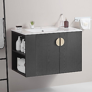 NOTOP 30" Floating Bathroom Vanity with White Ceramic Sink Comb, Modern Undermount Solid Wood Two Soft Close Doors Wall-Mounted Cabinet Set with Side Right Open Storage Shelf,Black, 30IN