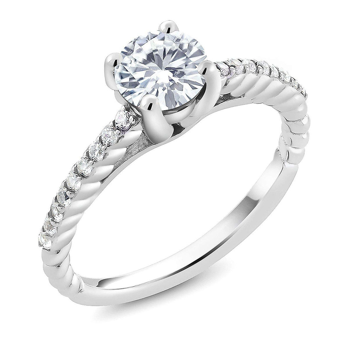 925 Sterling Silver Solitaire with Accent Stones Lab Grown Diamond Engagement Ring Forever Brilliant Round 1.38cttw Moissanite by Charles & Colvard (Size 8)