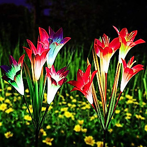 Qunlight Outdoor Solar Stake Flower Lights - 2 Pack Solar Powered Decorative Lights with 8 Lily Flower, Multi-Color Changing LED for Garden, Lawn,Patio, Pond,Backyard, etc(Purple and Red)