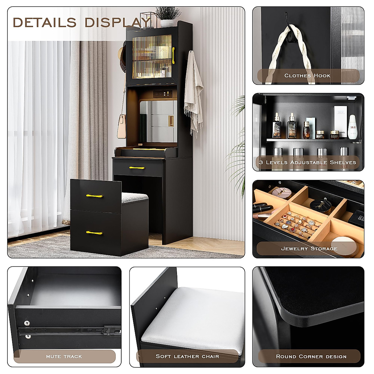 JDPAG 3-in-1 Vanity Desk with Mirror and Lights, Makeup Vanity Table with Cushioned Stool, Compact Dressing Table Writing Desk for Small Spaces, Vanity Set for Bedroom