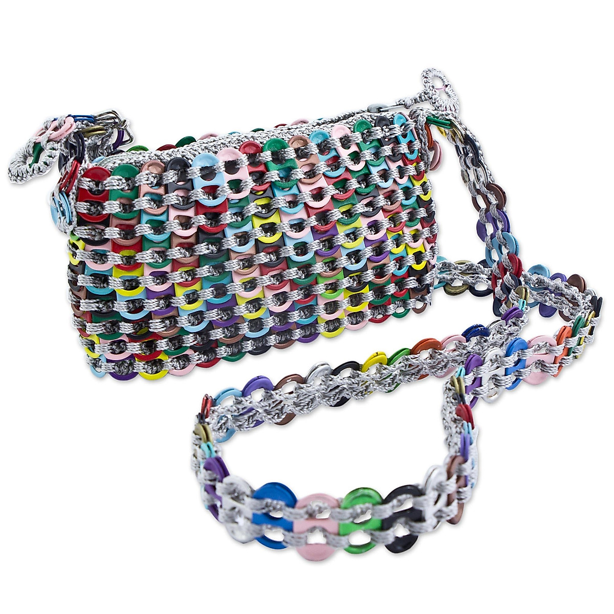 NOVICA Artisan Handmade Recycled Poptop Shoulder Bag Artisan Crafted Multi Color with Soda Metallic Multicolor Brazil Purse 'Mini Rainbow Light'