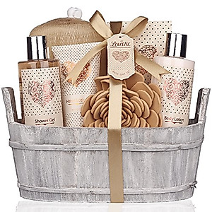 Spa Gift Basket – Bath and Body Set with Vanilla Fragrance by Lovestee - Bath Gift Basket Includes Shower Gel, Body Lotion, Hand Lotion, Bath Salt, Eva Sponge and a Bath Puff