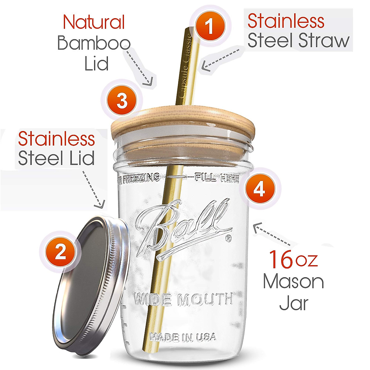 Reusable Boba Bubble Tea & Smoothie Cups - 2 Glass Wide Mouth 16oz Mason Jars with Bamboo Lids - 2 Reusable Gold Stainless Steel Boba Straws