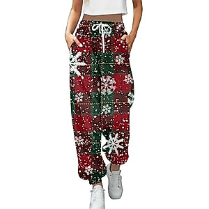 Sweatpants Womens,Snowflake Print High Waisted Sweatpants for Women Christmas Print Drawstring Workout Active Joggers Snowman Print Plus Size Baggy Sweatpants Red XL