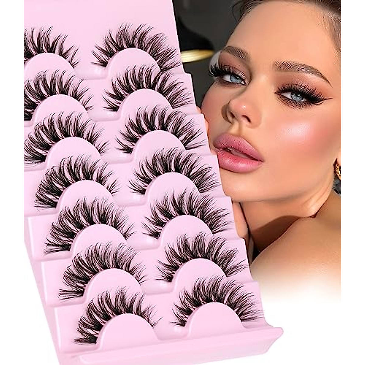 False Lashes Clear Band Eyelashes Natural Cat Eye Lashes Wispy Fake Eyelashes 16mm Fluffy Mink Lashes Pack 7 Pairs by Yawamica