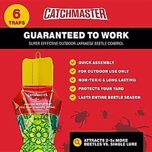 Catchmaster Japanese Beetle Traps Outdoor 6PK, Flying Insect Trap Bag with Dual Pheromone Food Lure, Hanging Bug Catcher for Backyard & Garden, Pest Control for Plants, Trees, Vegetables & Flowers