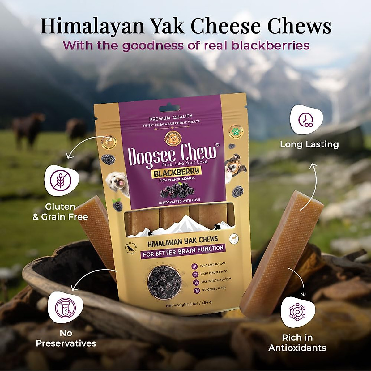 Dogsee Himalayan Yak Cheese Chews with BlackBerry 1lb (Large - 4 Chews) | Rich in Antioxidants | Fight Plaque & Tartar | Long Lasting Dental Dog Chews
