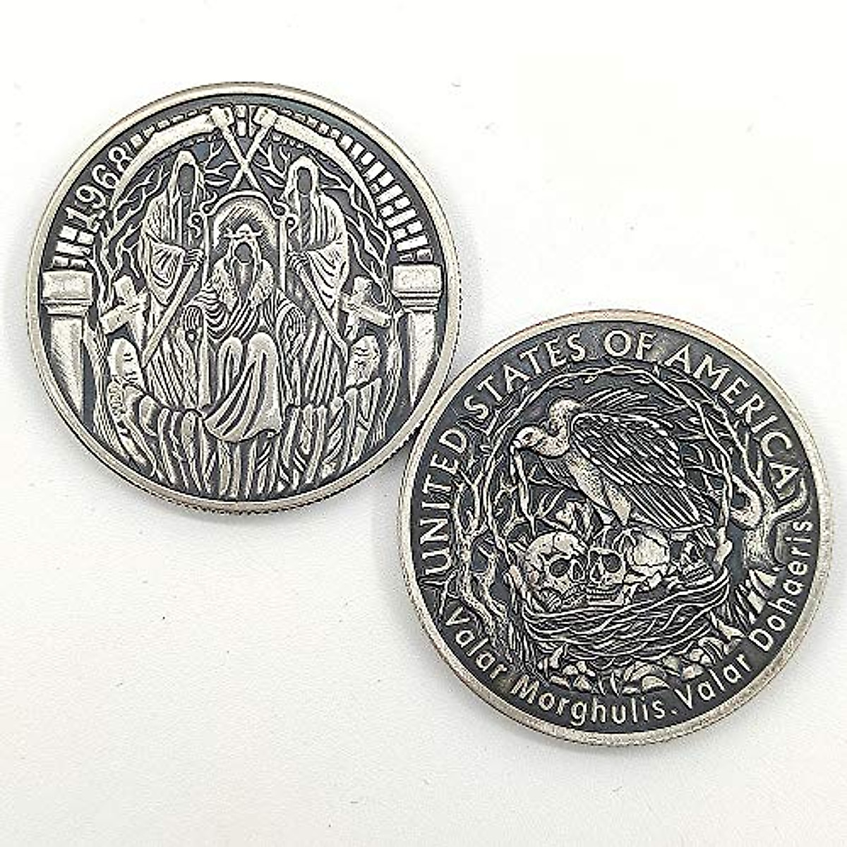 Valar Morghulis Antique Silver Coin Collection HOBO Skull Art Scythe Grim Reaper Punk Eagle Coin