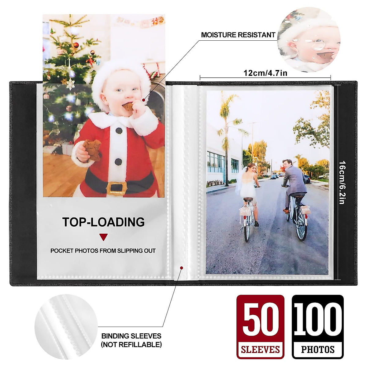Ywlake Photo Album 4x6 100 Pockets 2 Packs, Small Mini Capacity Linen Photo Album Bulk Sets, Each Pack Holds 100 Top Loader Vertical Only Picture for Kids Boy Girls Black