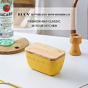 KOOV Porcelain Butter Dish with Lid for Countertop, Airtight Butter Container with Oak Lid, Butter Dishes with Covers, Butter Crock (Yellow)