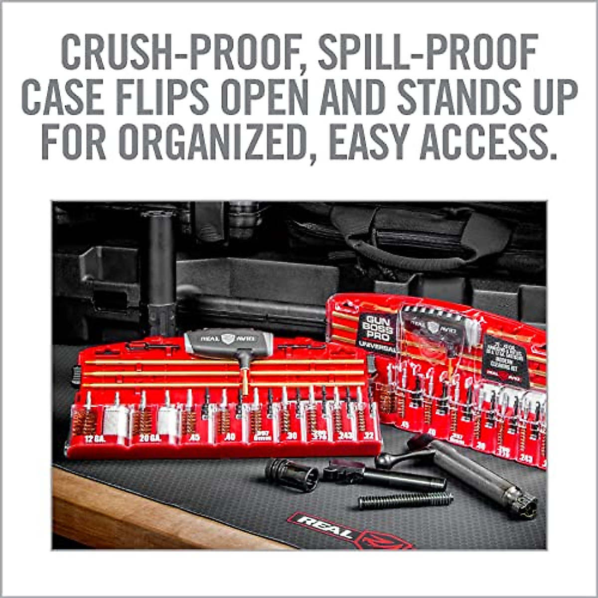 Real Avid Gun Boss Pro Universal - Cleaning Kit For All Guns 12 and 20 gauge shotguns, 45, 40, 357, 38, 380, 9MM, 30, 308, 7.62, 270, 7MM, 243, 260, 6.5MM, 223, 556 Model:AVGBPRO-U