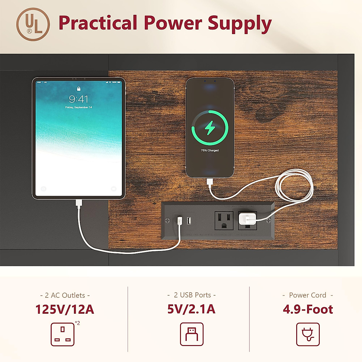 Tajsoon Console Table with Charging Station, 41.8" Entryway Table with Shelves, 2-Tier Narrow Sofa Table, Long Behind Couch Table, for Entryway, Foyer, Living Room, Hallway, Brown & Black