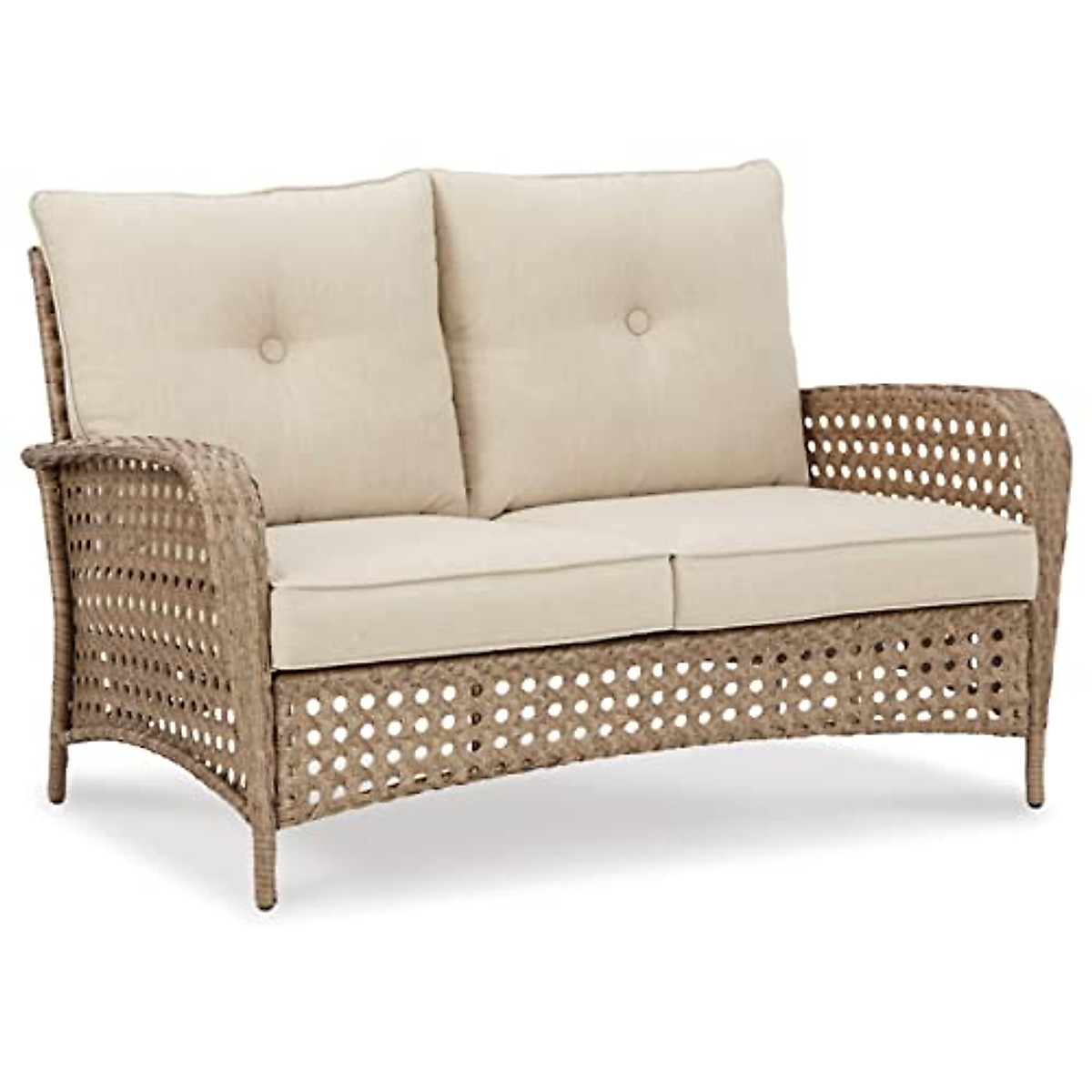 Signature Design by Ashley Braylee Outdoor 2 Piece Patio Driftwood Resin Wicker Cushioned Loveseat and Table, Rustic