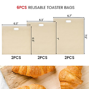 VGOODALL 6PCS Reusable Toaster Bags, Non Stick Sandwich Bags Heat Resistant Oven Bags Easy to Clean for Grilled Cheese