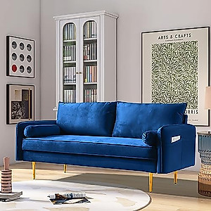 Imbesty 3-Seater Sofa for Small Space，71” Velvet Loveseat Sofa, Mid Century Futon Couch with Golden Metal Legs and Armrest Pocket, Small Couches for Living Room, Bedroom, Apartment (Blue)