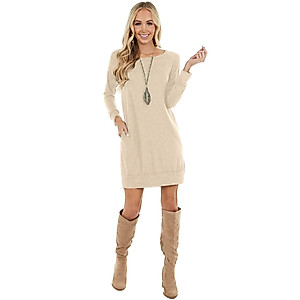 PrinStory Women's Long Sleeves Dresses Causal Loose Round-Neck Tuinc Tops Basic Dress with Side Pockets US Large FP VG-Beige