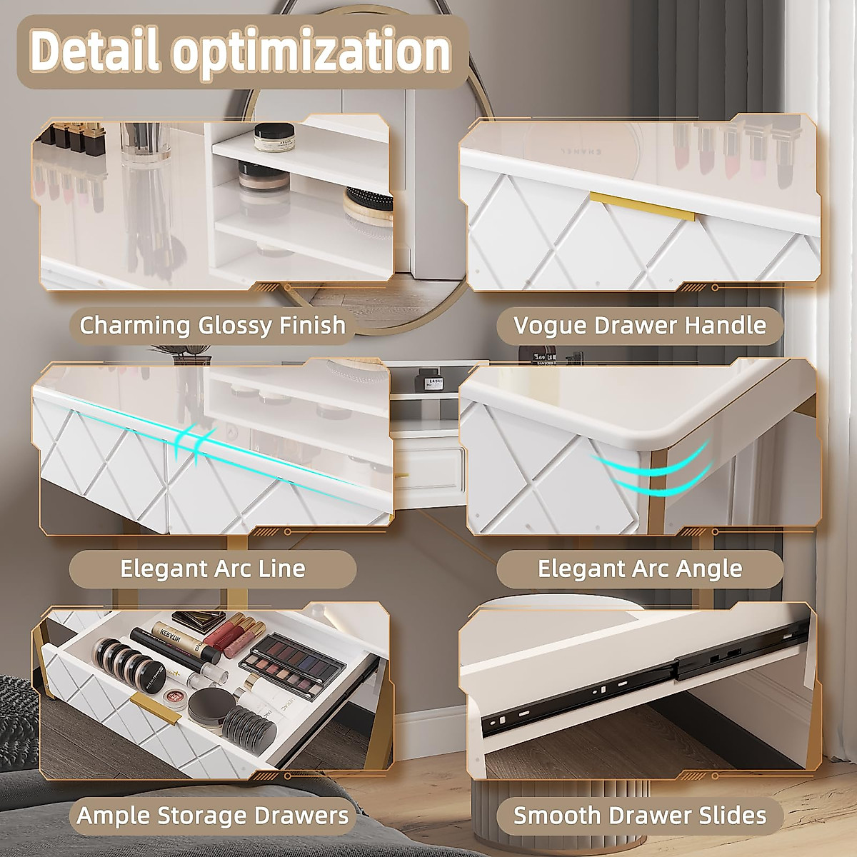 WESTREE Modern Makeup Vanity Desk with Glossy Desktop,Bedroom Home Office Writing Desk with Drawers, Storage Shelf, Gold Metal Frame for Dressing Table Without Mirror
