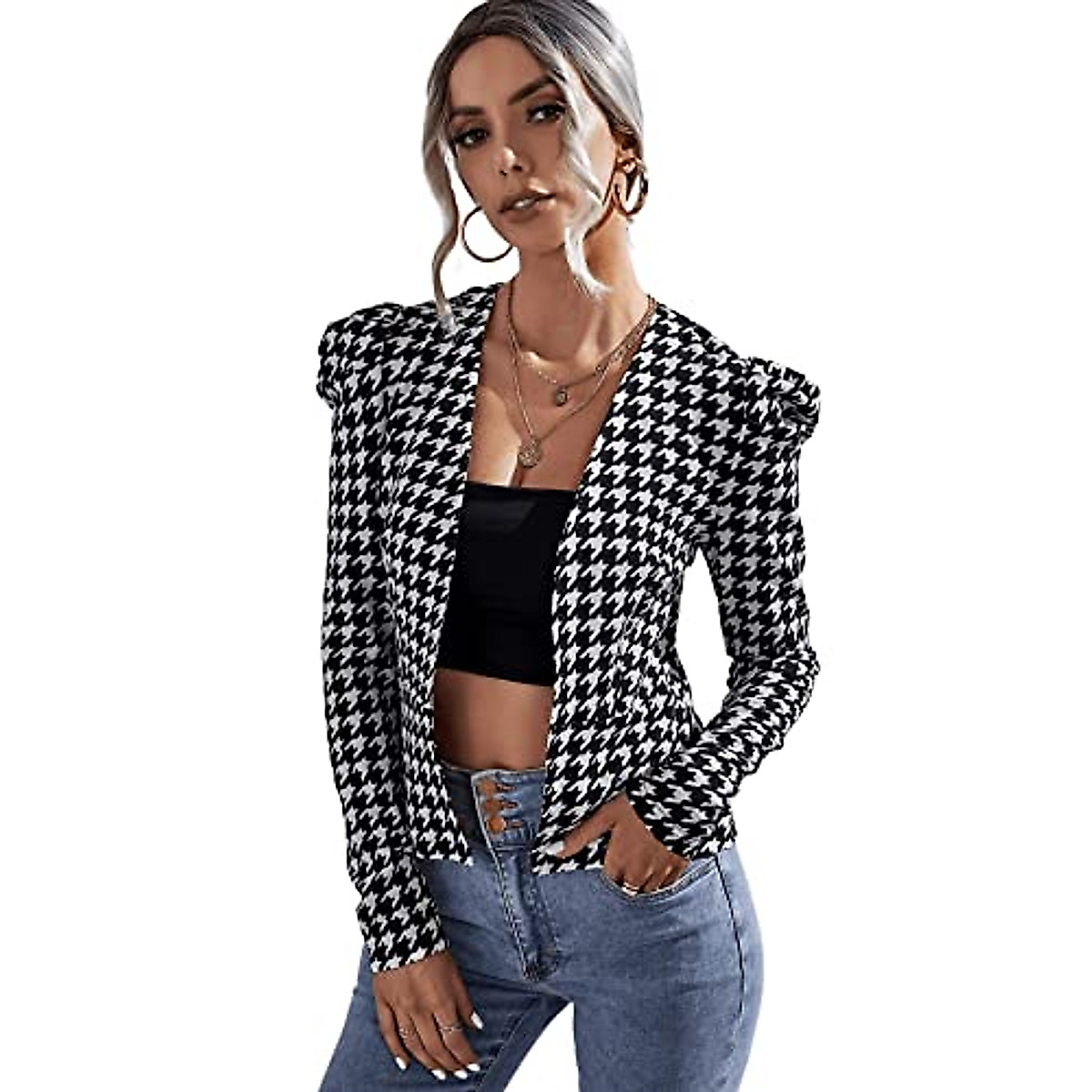 SweatyRocks Women's Casual Houndstooth Blazer Long Puff Sleeve Open Front Jacket Black White M