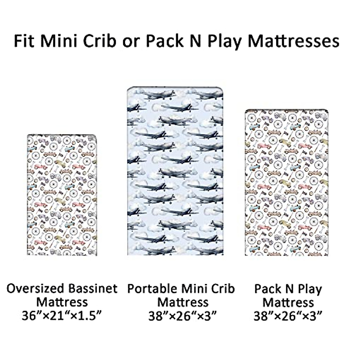 Extra Soft Stretchy Pack N Play Fitted Sheet Set for Baby, 2 Pack Premium Cotton Blend Mini Crib Sheets for Standard Pack N Play Mattress ,Plane and Car Pattern.