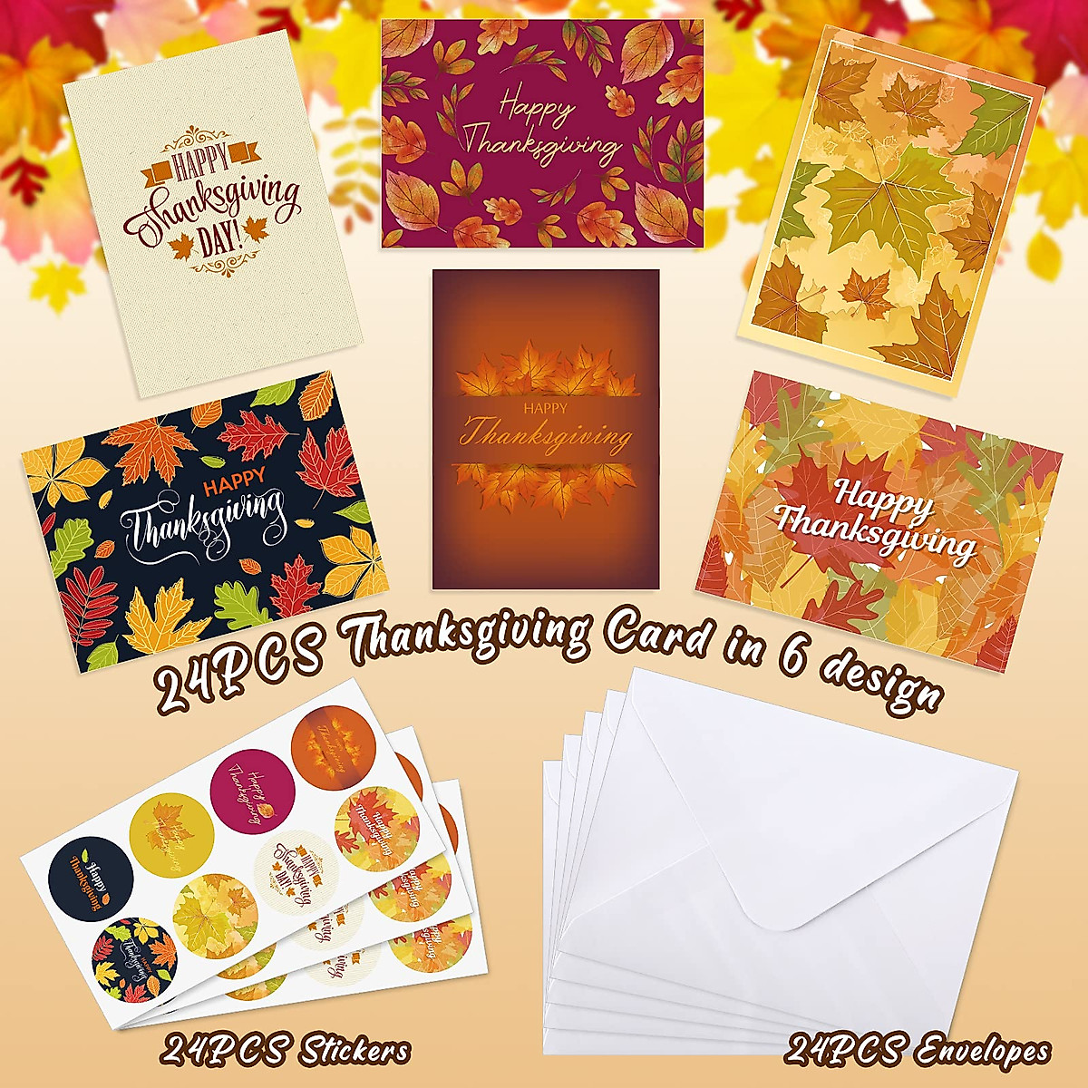 Whaline 24Pcs Thanksgiving Greeting Cards Assortment with Stickers and Envelopes 5" x 7" Large Happy Thanksgiving Cards Fall Leaves Patterned Thankful Grateful Note Cards for Party Favor Supplies