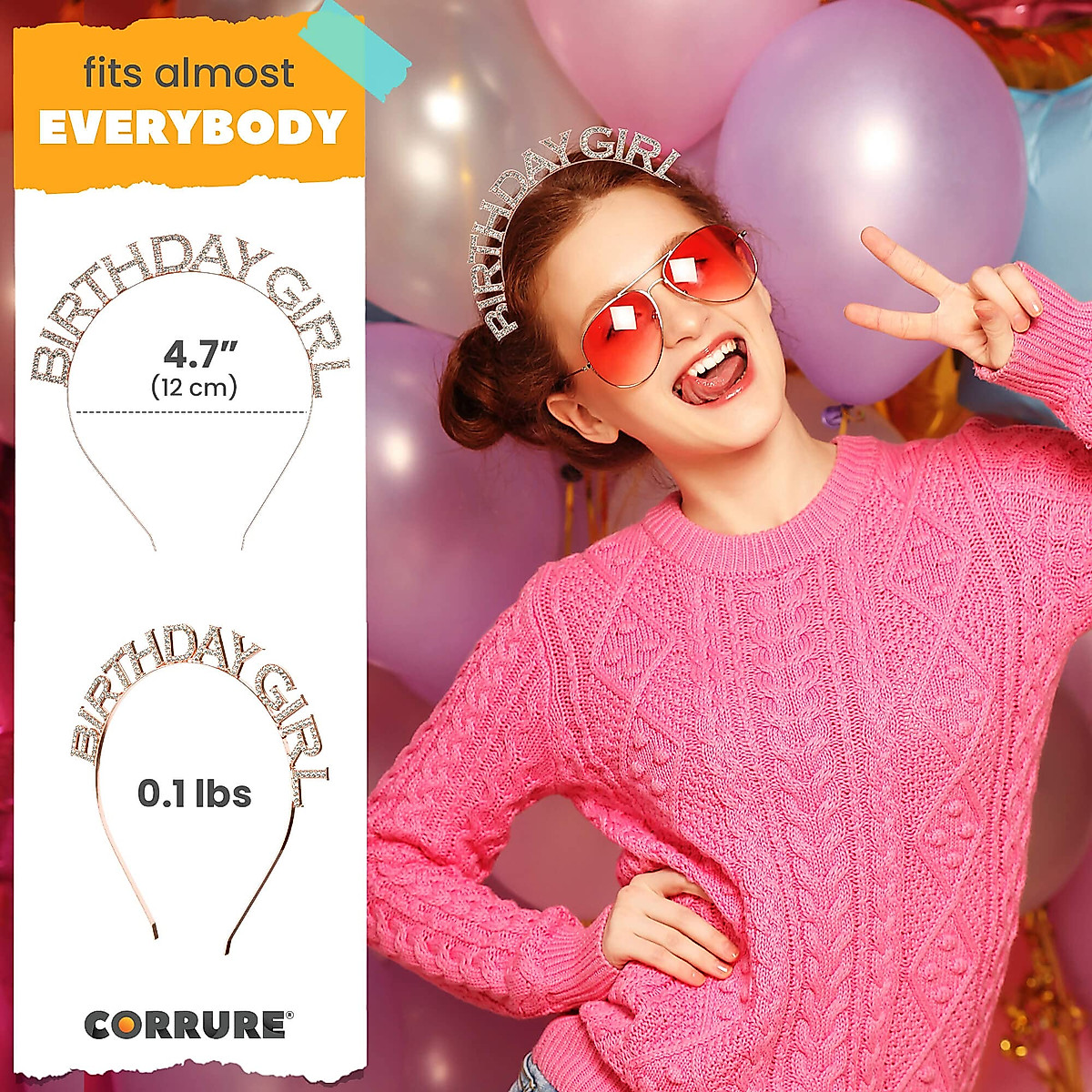 CORRURE Birthday Headband Rhinestone Tiara for Girls, Rose Gold Birthday Crown Headpiece, Party Hair Accessories for Girls and Women, Sweet 16, 18th, 21st, 25th, Any Other Bday Party Decorations Supplies