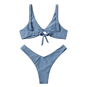 Verdusa Women's Twist Front High Cut Thong Two Piece Bikini Set Swimsuit Slate Blue S