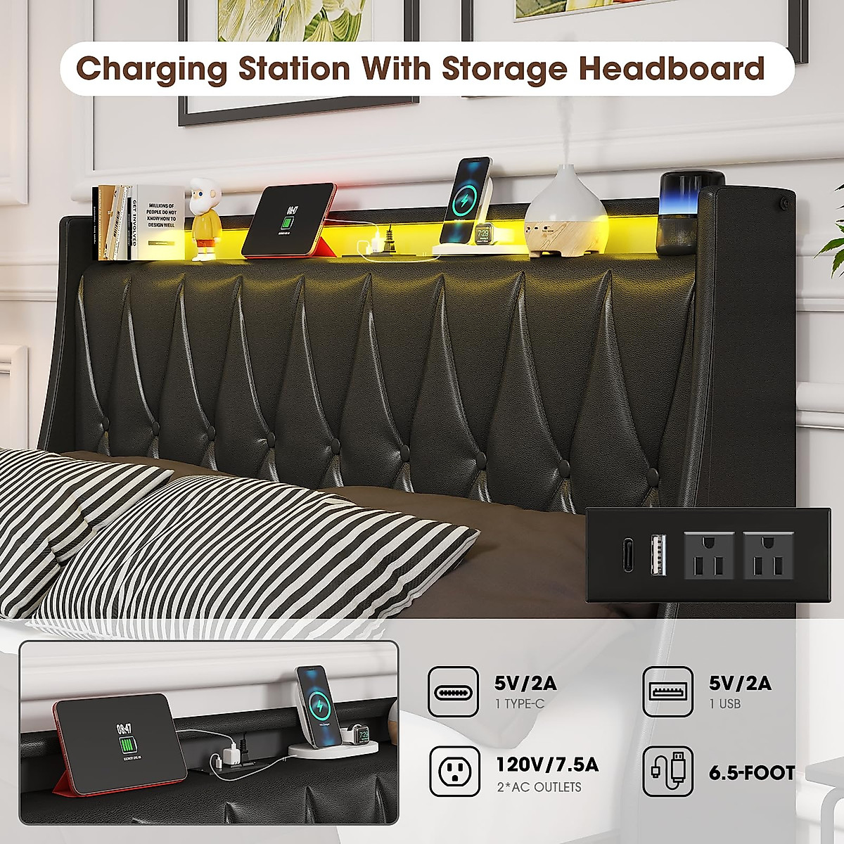 RVONOW Queen Size Bed Frame with 4 Storage Drawers, PU Leather Upholstered Bed Frame Platform with Charging Station & Storage Headboard, All Metal Slats Support, No Box Spring Needed/Noise Free/Black