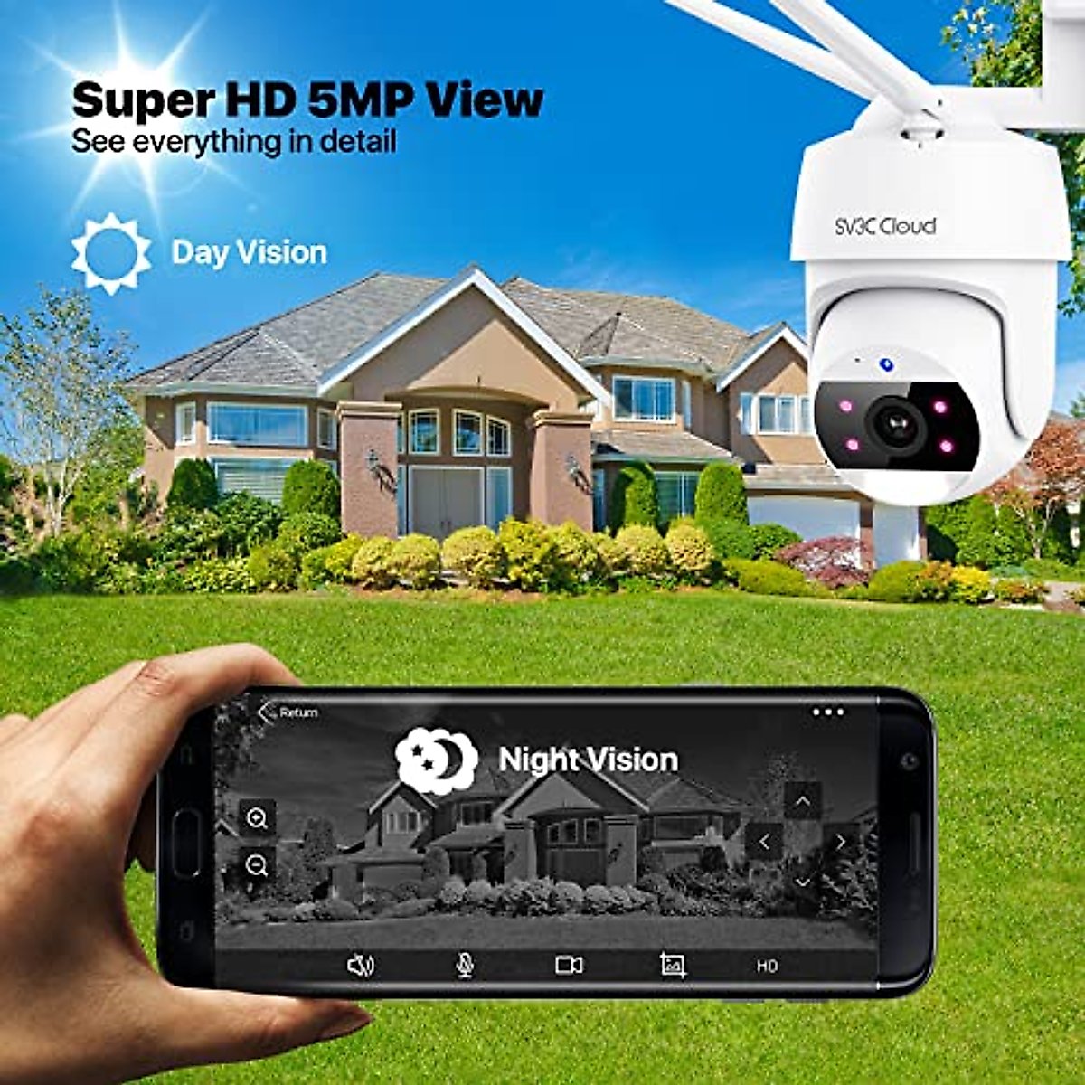 SV3C 5MP Pan Tilt WiFi Camera Outdoor, Security Cameras with Floodlight, Auto Tracking, 2-Way Audio, Alexa Echo, Color Night Vision, Sound Motion Detection, ONVIF, Cloud & SD Card Storage - 3 Pack C16
