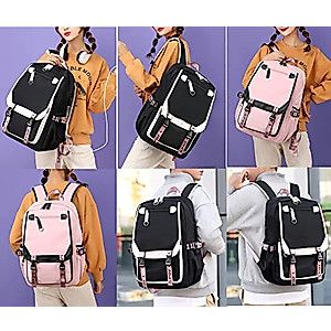 Rcuyyl Backpack Laptop bag School Bag Bookbag with Men Women USB Charging&Headphone Port Casual Daypack Outdoor Daypack (Black Pink,One Size)