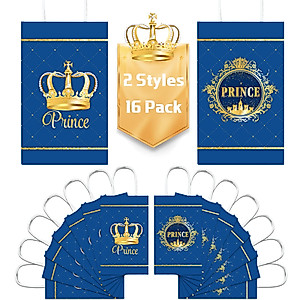 16 Pack Prince Party Gift Bags Prince Theme Birthday Party Treat Bags Blue Candy Goodie Bags Kraft Wrap Bags with Handles for Boys Kids Birthday Baby Shower Party Favors Supplies