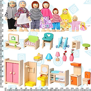 Civaner 52 Pcs Wooden Dollhouse Furniture Set Including 8 Family Dolls Miniature Doll House Accessories 1:12 Scale 5 Space Kits Bathroom Bedroom Living Room Dining Room Kitchen Gift for Christmas
