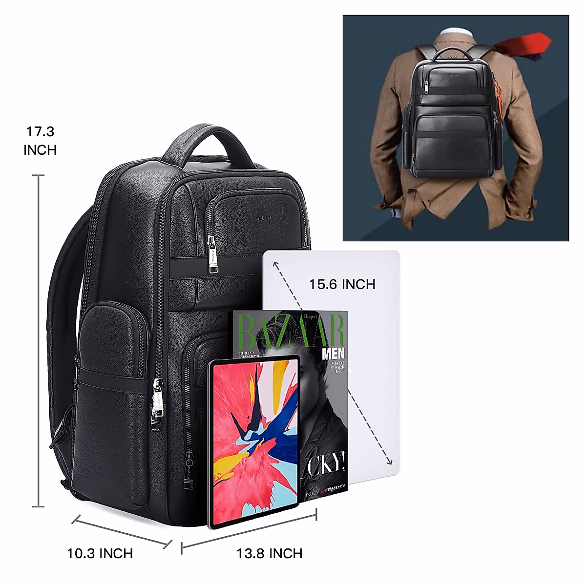 BOPAI 40L Genuine Business Leather Laptop Professional Backpack for Men 15.6 inch Computer with USB Charging Multi-Functional Large Capacity Travel Smart Work Rucksack Anti Theft Black