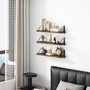 Inforth Wall Shelves, Wood Wall Mounted Shelves for Wall Storage, Floating Shelves for Wall Display with Metal Bracket, Hanging Shelves for Bedroom Kitchen Living Room (Brown, 17 Inches)