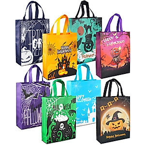 Aviski 8PCS Halloween Trick or Treat Bags, Halloween Tote Bags with Handles, Large Gift Bags, Multifunctional Non-Woven Halloween Bags for Gifts Wrapping, Halloween Party Supplies, 15×11.8×3.9“