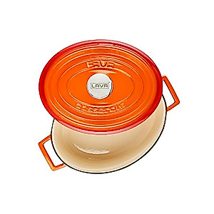 LAVA 7.5 Quarts Cast Iron Dutch Oven: Multipurpose Stylish Oval Shape Dutch Oven Pot with Glossy Sand-Colored Three Layers of Enamel Coated Interior with Trendy Lid (Orange)