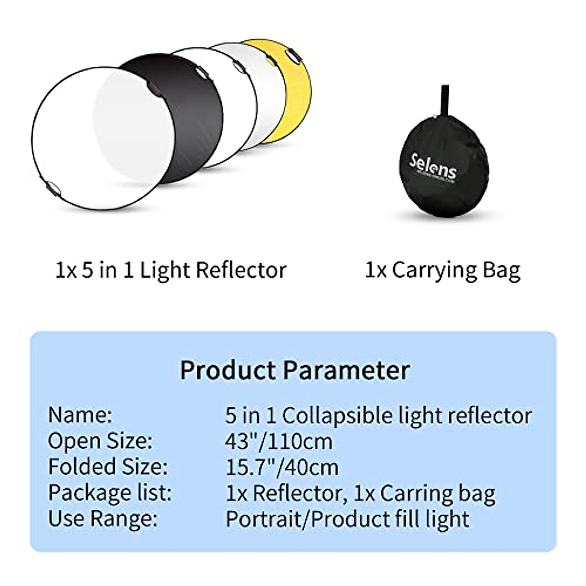 Selens 43 Inch (110cm) Photography Reflector, Collapsible Light Reflector with Carrying Case, 5 in 1 Reflector for Photography Photo Studio Lighting -Translucent, Silver, Gold, White and Black