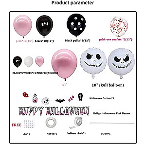 CheeseandU 109 Pieces Halloween Balloons Arch Set Include Black White Pink Latex Balloons Garland, Skull Foil Balloon, Happy Halloween Banner for Halloween Party Home Classroom Decorations